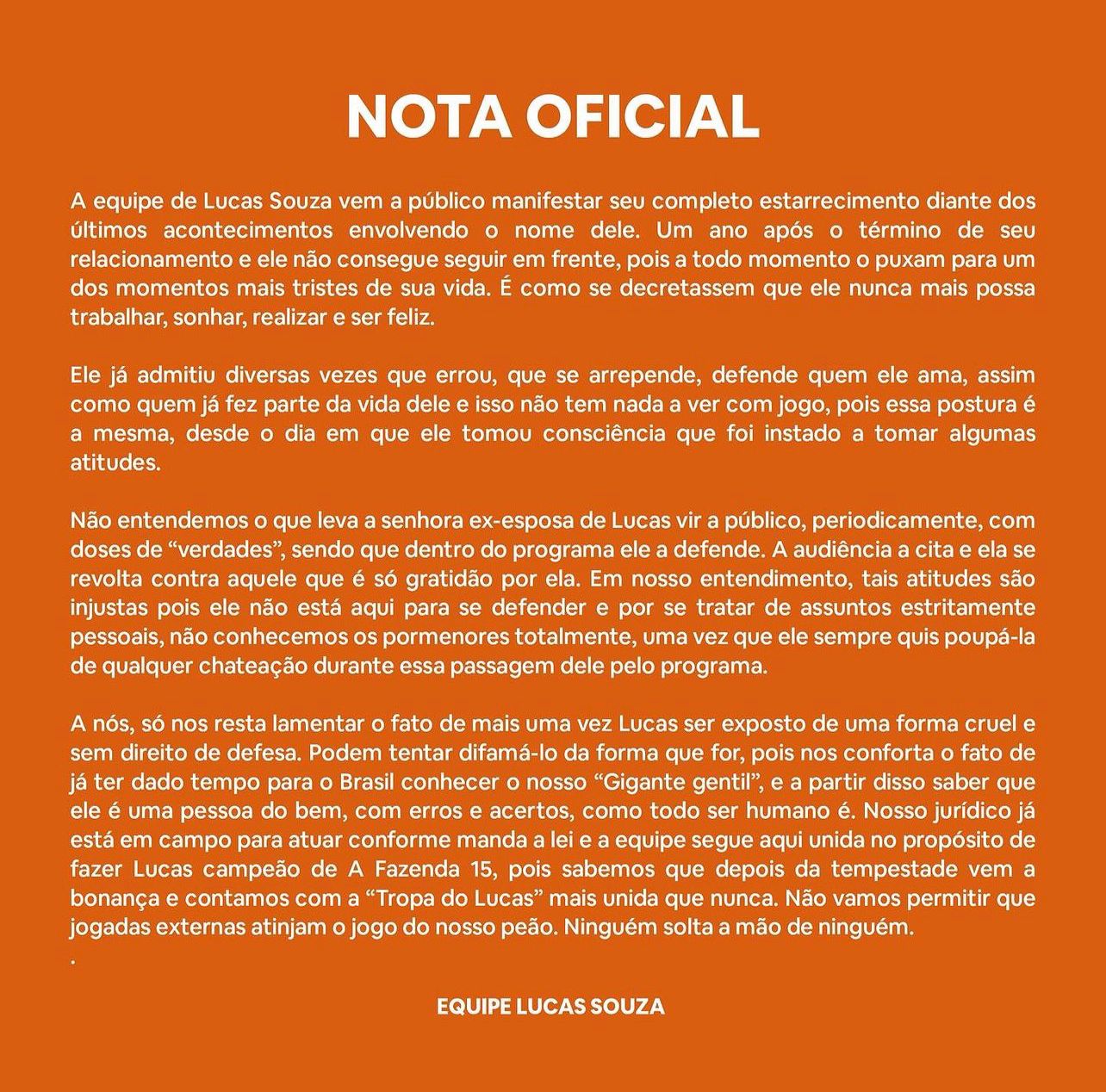 Equipe de Lucas Souza se pronuncia após exposed de Jojo Todynho