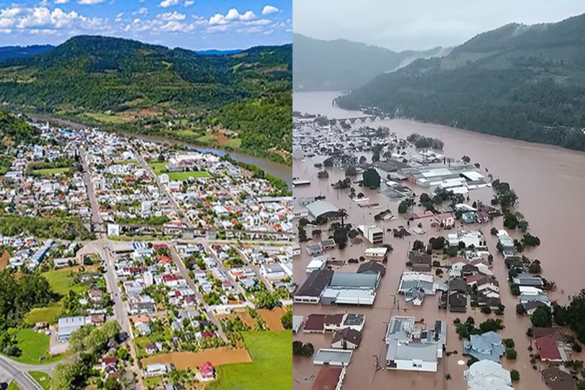 Imagens mostram o antes e depois das cidades após enchentes no RS ... Imagens mostram o antes e depois das cidades após enchentes no RS ...